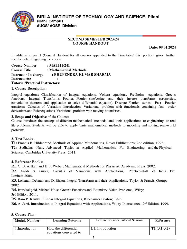 Handout MATH F241 2 2024 | PDF | Fourier Transform | Teaching Mathematics