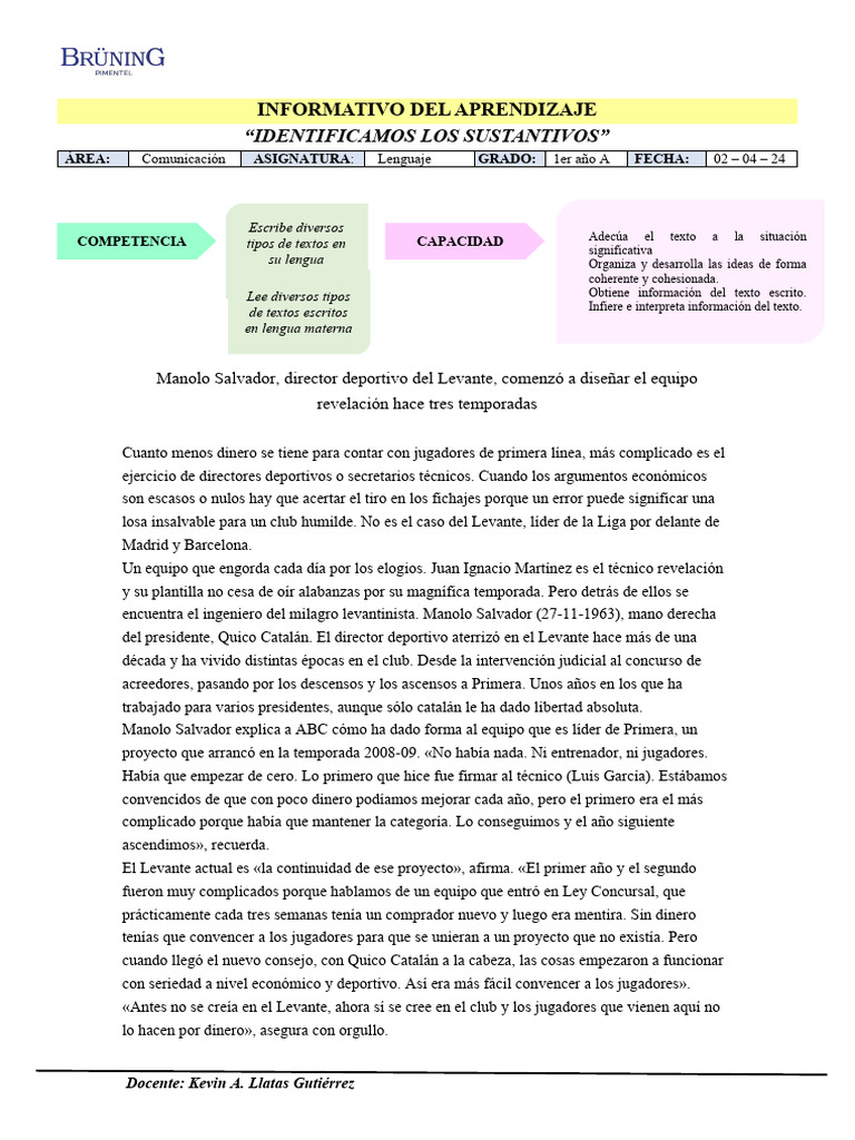 Lenguaje - 1er Año A - Prof. Kevin - Semana 5 - Bim I - Ficha Complementaria de Clase ...