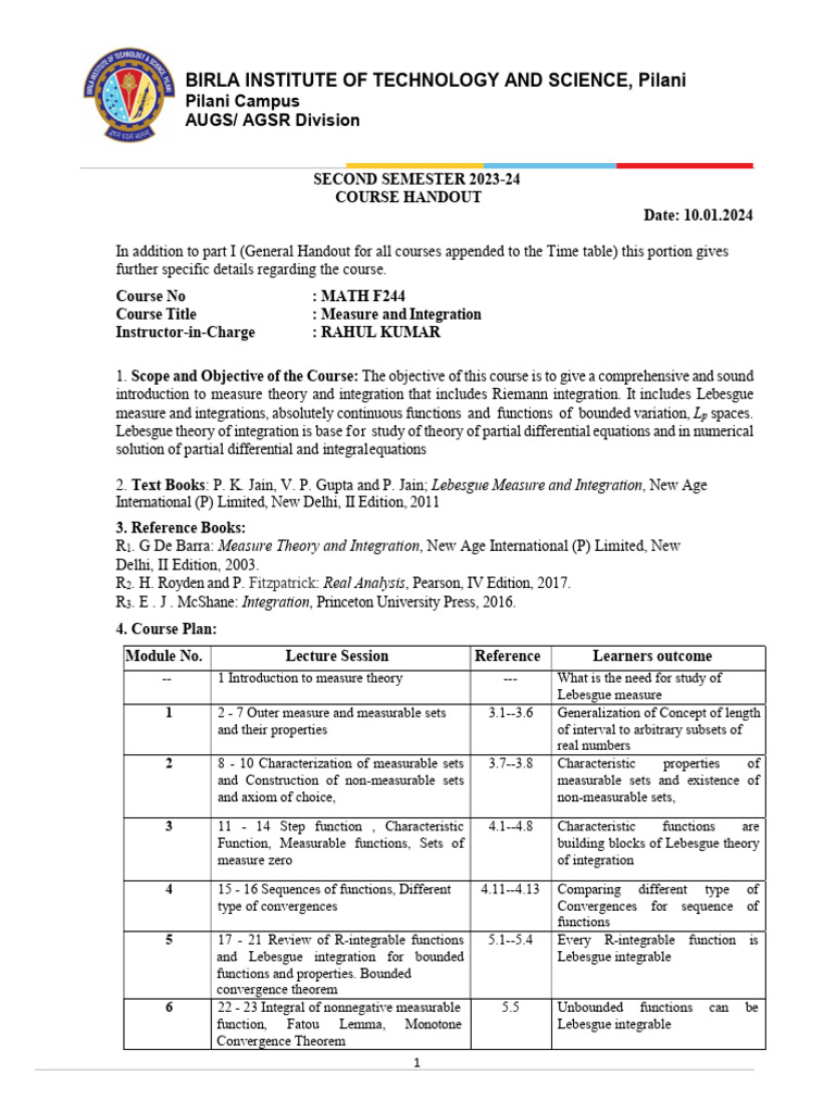 Handout MATH F244 2 2024-1 | PDF | Integral | Lebesgue Integration