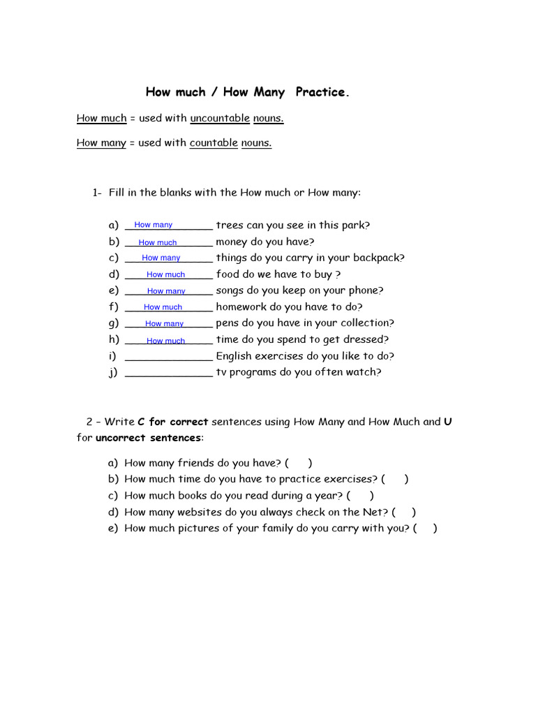 Grammar Practice: How Much/Many | PDF | Language Arts & Discipline ...