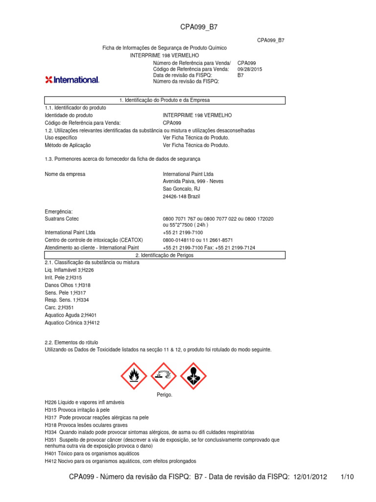 FISPQ - Interprime 198 Vermelho | PDF | Solvente | Incêndios