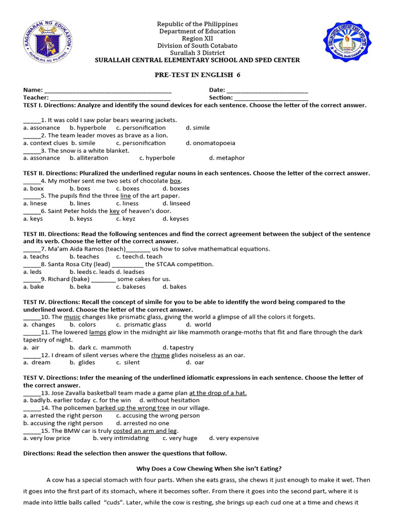 Pre-Test English 6 | PDF | Sentence (Linguistics) | Linguistics