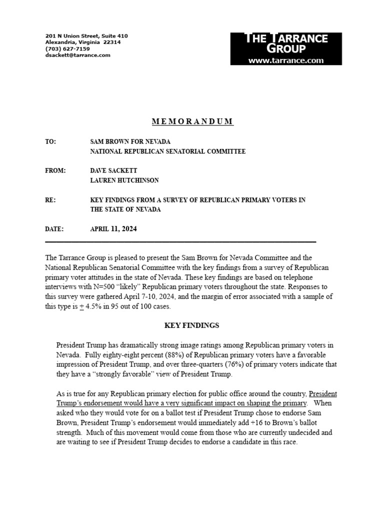 The Tarrance Group Nevada Senate Polling Memo April | PDF | Republican ...