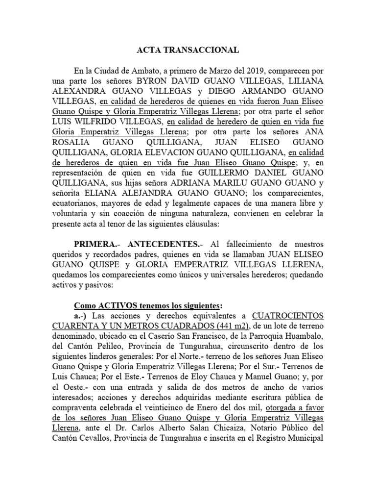 Acta Transaccional Bienes Hereditarios | PDF