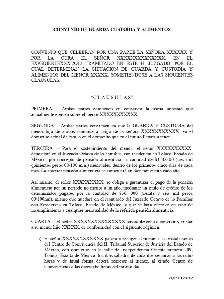Convenio de Guarda Custodia y Alimentos. | PDF | Pensión alimenticia ...