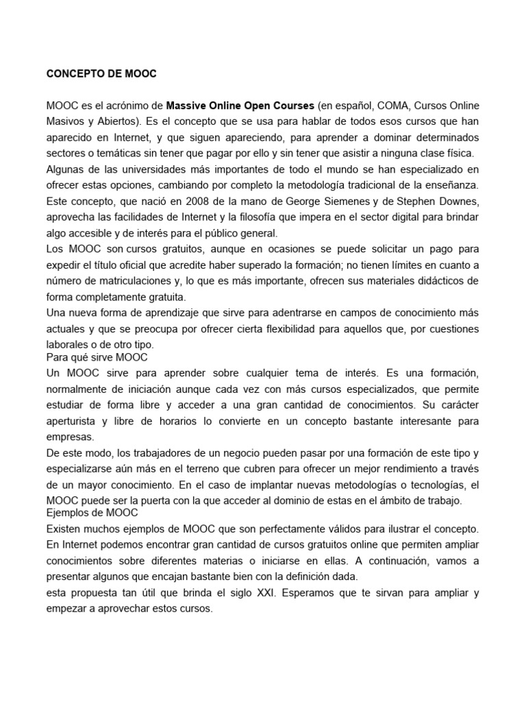 Concepto de Mooc | PDF | Curso abierto masivo en linea | Moodle