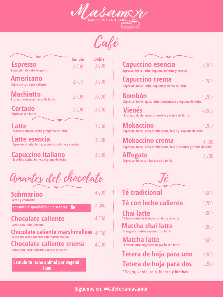 Menú Completo de Cafetería MasAmor | PDF | Té | Chocolate