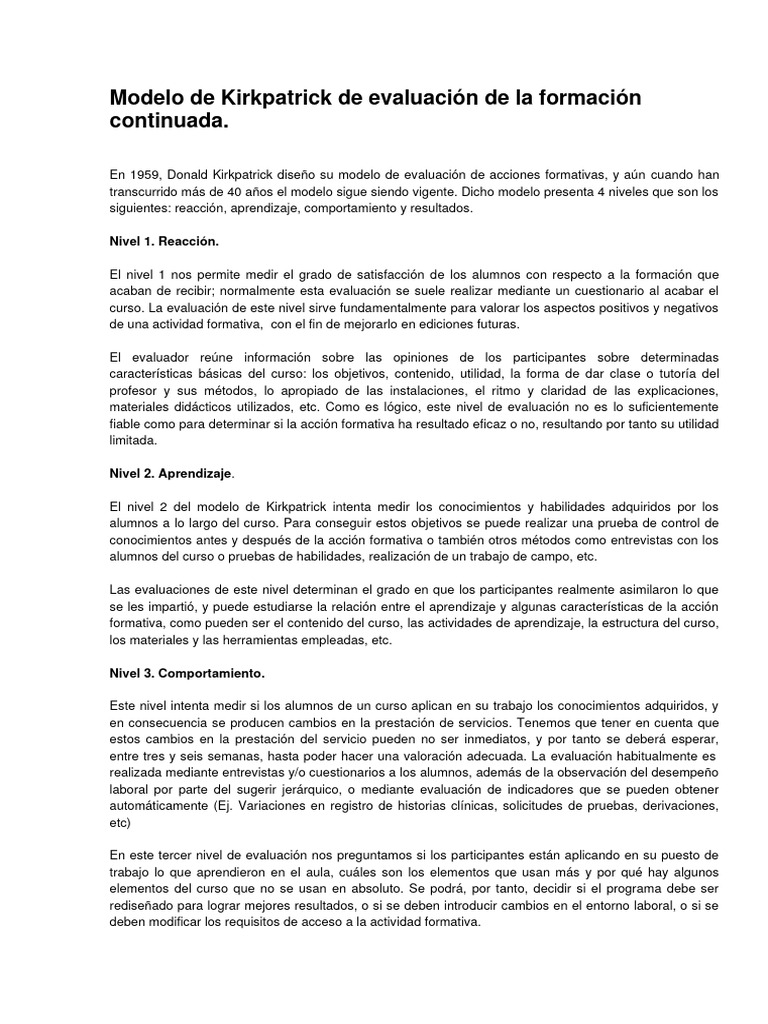 Modelo de Kirkpatrick de Evaluación de La Formación Continuada | PDF ...
