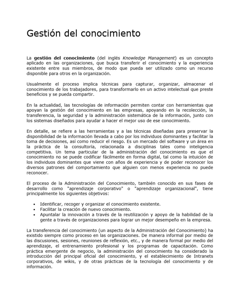 Gestión Del Conocimiento | Descargar gratis PDF | Conocimiento administrativo | Inteligencia de ...