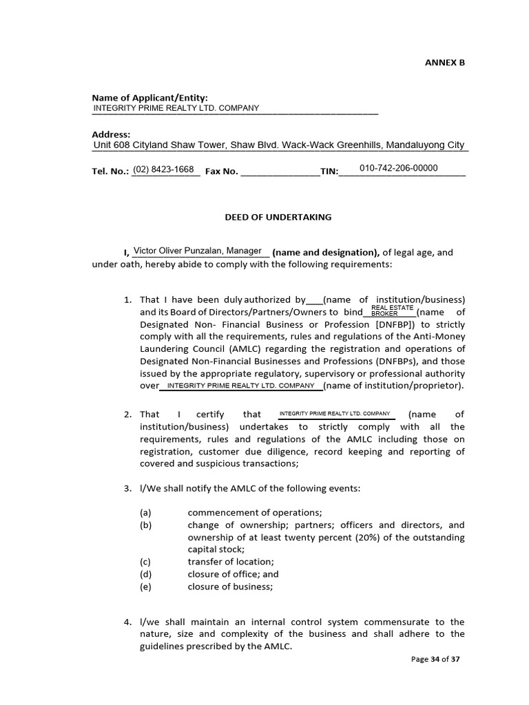 Deed of Undertaking Annex B | PDF | Property Law | Law And Economics