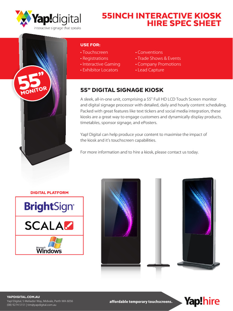 Yap Digital 55inch Interactive Kiosk Hire Spec Sheet | PDF ...