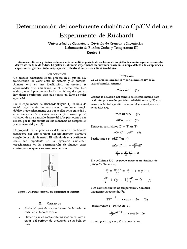 Determinación Del Coeficiente Adiabático CP - CV Del Aire Experimento ...