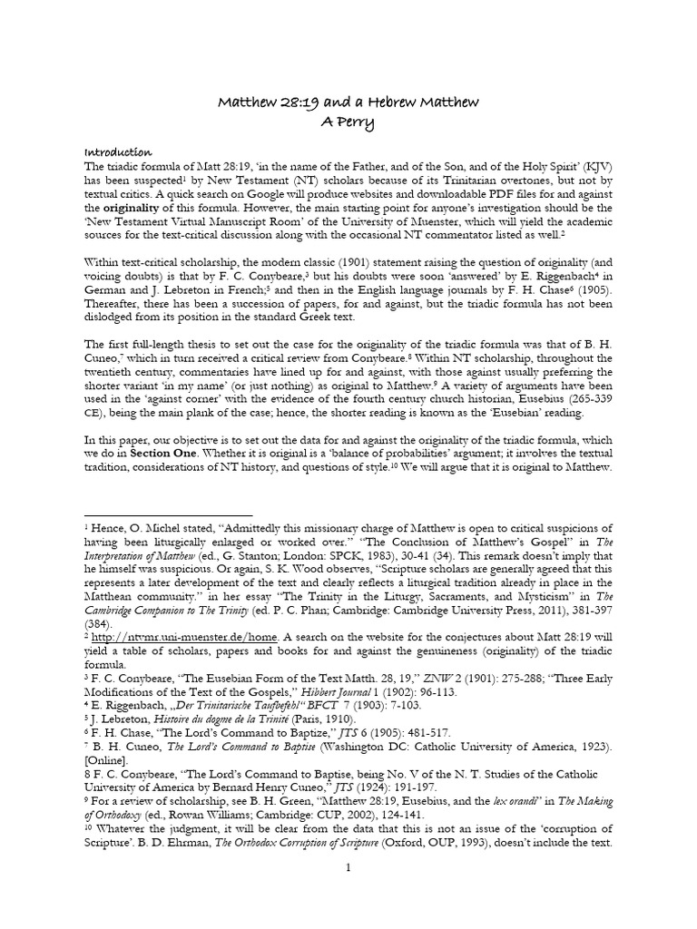 Originality of Matthew 28:19 Examined | PDF | Baptism | Trinity