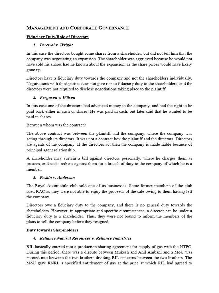Fiduciary Duties and Corporate Governance Cases | PDF | Fiduciary ...