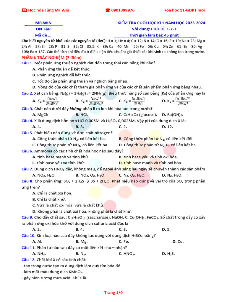 (CK1-H11) ĐỀ ÔN CK1 HÓA 11 HV NĂM 2023-2024 | PDF