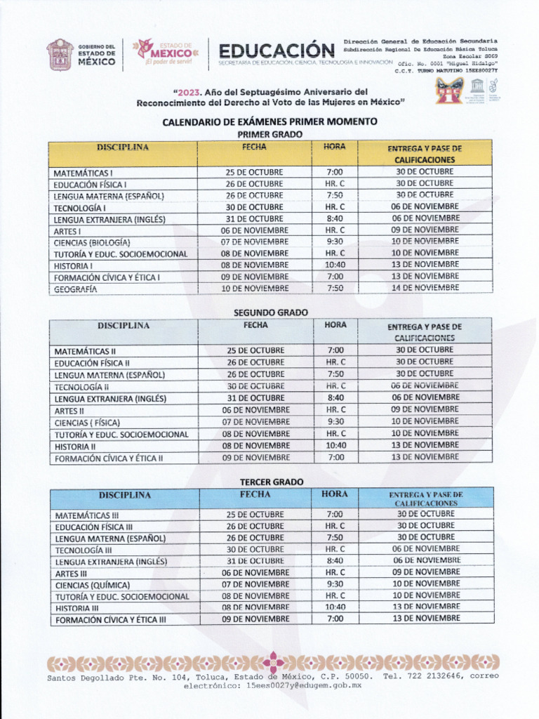 Calendario Primer Periodo de Evaluaciones Matutino | PDF