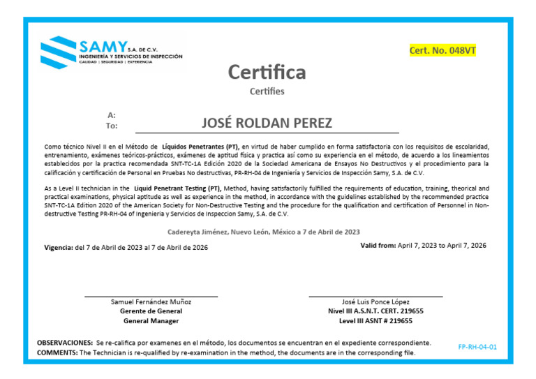 PT Cert - Samy José Roldan Perez | PDF | Ingeniería | Ciencias fisicas