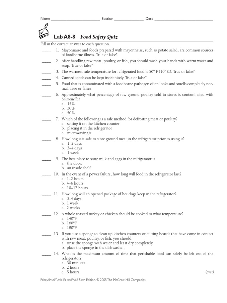 Food Safty Quiz | PDF | Foodborne Illness | Food Industry