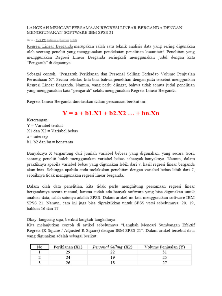 Mencari Persamaan Regresi Linear Berganda Dengan Menggunakan Software Ibm SPSS 21 | PDF