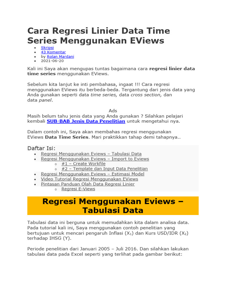 Cara Regresi Linier Data Time Series Menggunakan EViews | PDF