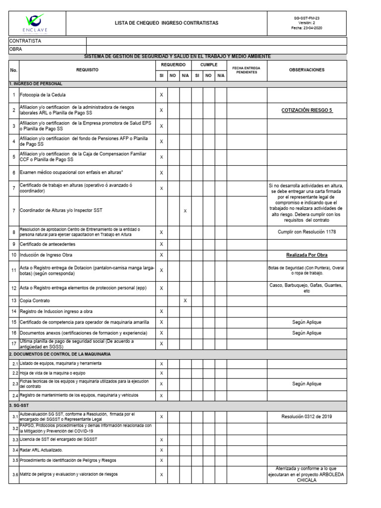 SGSST-FM-23 Check List Ingreso Contratista | PDF SGSST-FM-23 Check List Ingreso Contratista | PDF