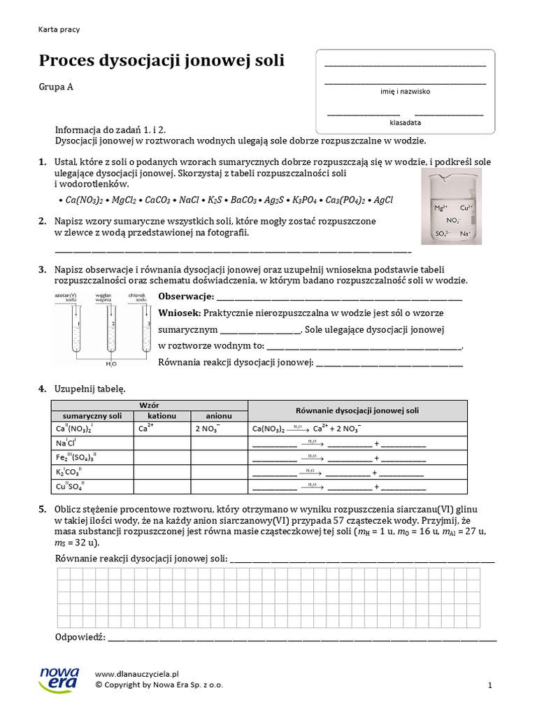 Karta Pracy Proces Dysocjacji Jonowej Soli | PDF