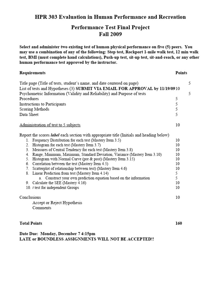 HPR 303 Performance Test Project Fall2009 | PDF | Student's T Test ...