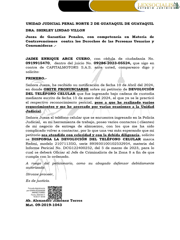 Escrito Pidiendo Devolucion de Celular Segunda Ocasion | PDF | Ciencias sociales | Derecho