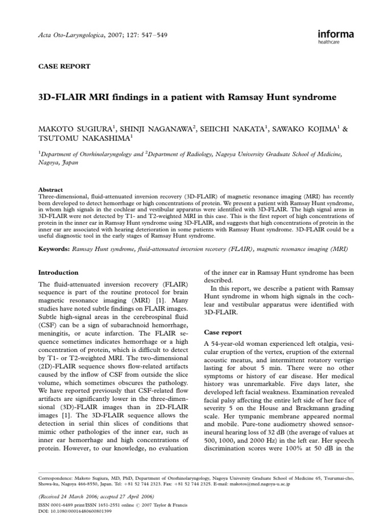 3D-FLAIR MRI Findings in A Patient With Ramsay Hunt Syndrome | PDF ...