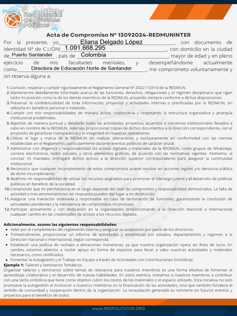 ACTA DE COMPROMISO 2024 - 1 RMJP ElianaDL | PDF | Regulación