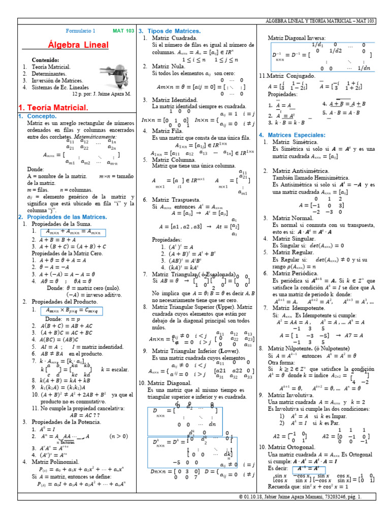 Formulario MATRICES 12 | PDF | Matriz (Matemáticas) | Determinante