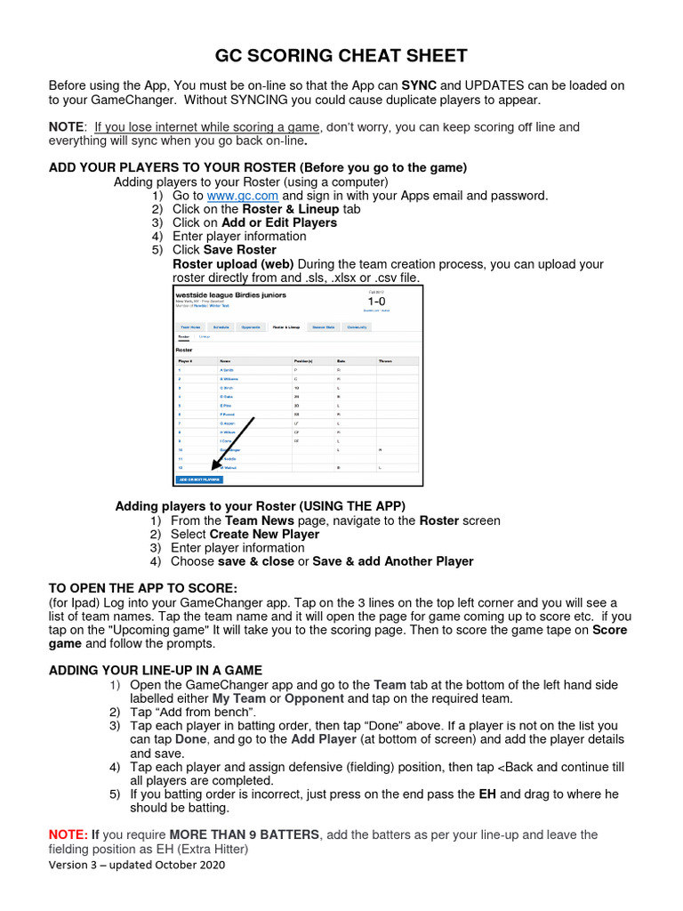 GC Scoring Cheat Sheet Nov 2020 v4 | PDF | Ball Games | Team Sports
