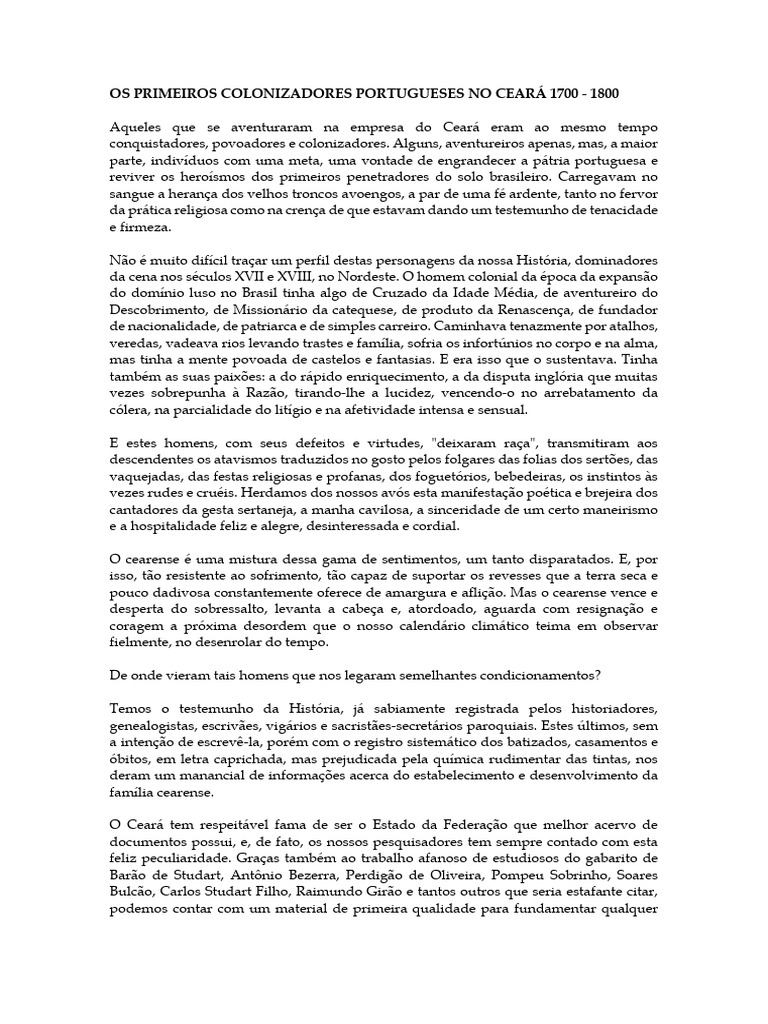 Os Primeiros Colonizadores Portugueses No Ceará 1700 | PDF | História