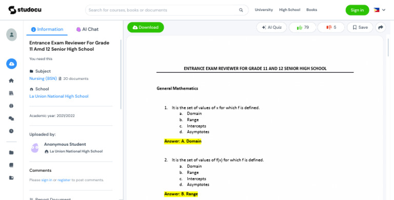 Entrance Exam Reviewer For Grade 11 Amd 12 Senior High School ...
