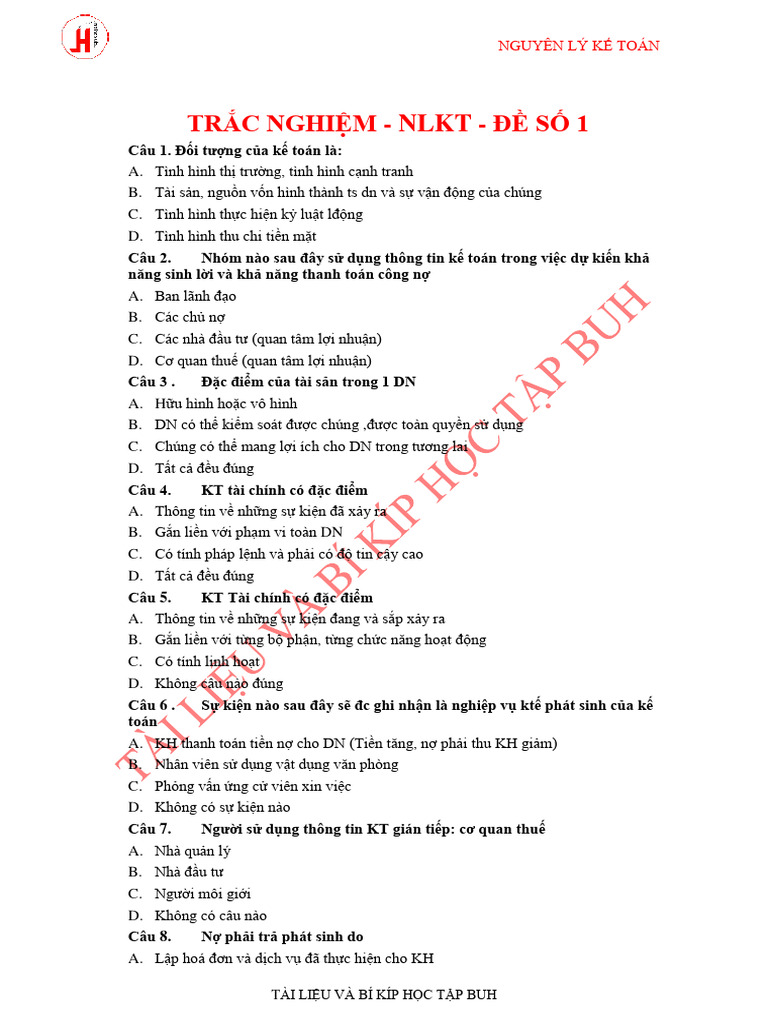 ĐÁp Án đề TN NLKT 40 câu ĐỀ 1 1 | PDF