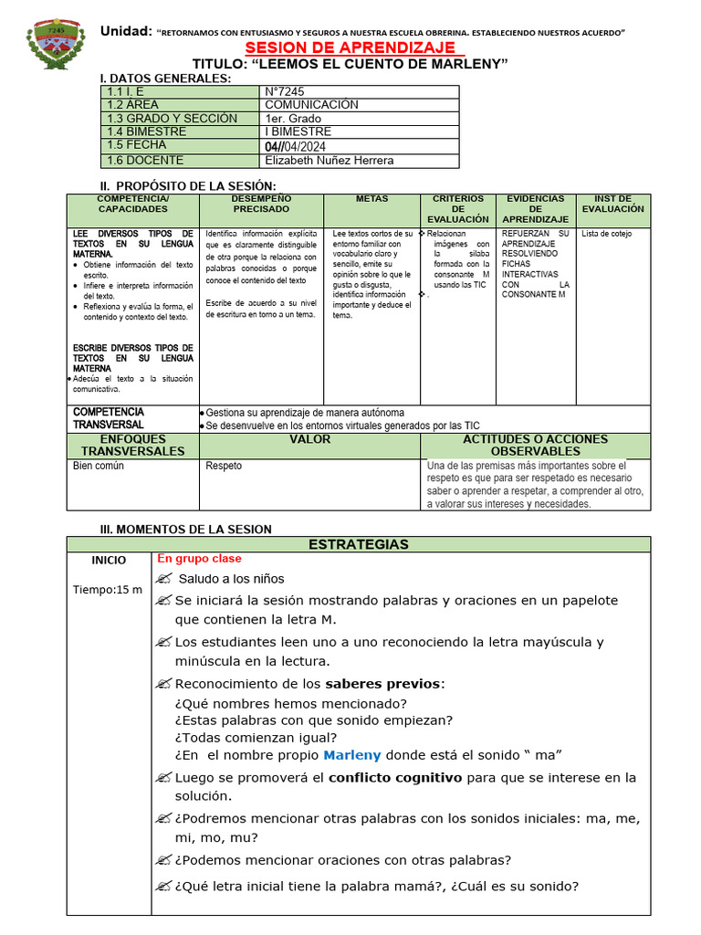10-04-24 Leemos El Cuento de Marleny | PDF | Aprendizaje | Evaluación