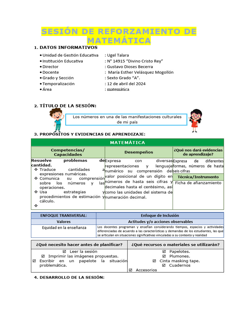 Sesión de Reforzamiento de Matemática | PDF | Aprendizaje | Enseñando