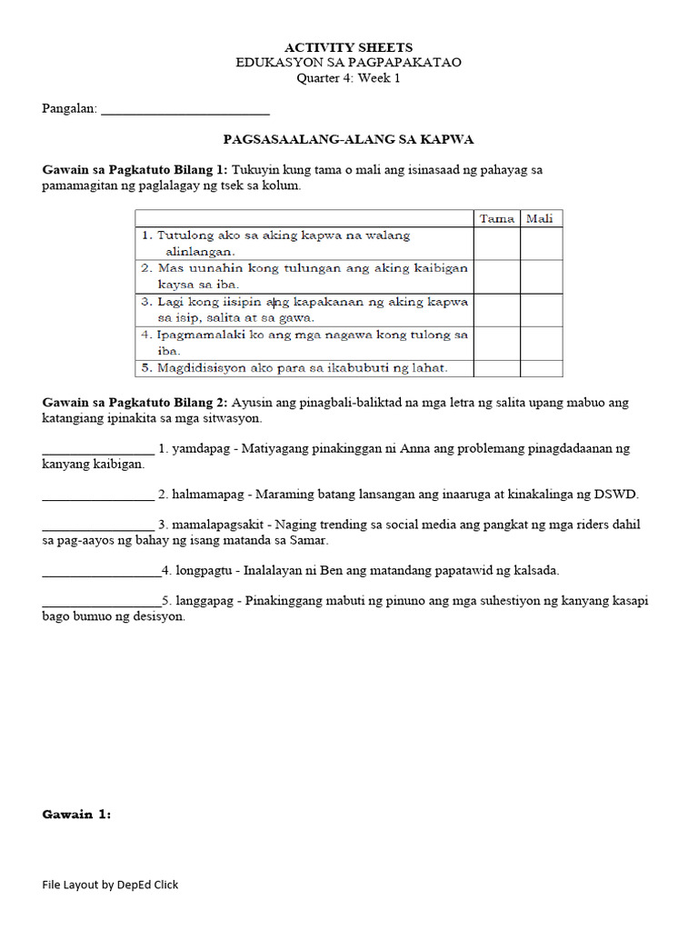 ESP 5 Activity Sheet Q4 W1 | PDF