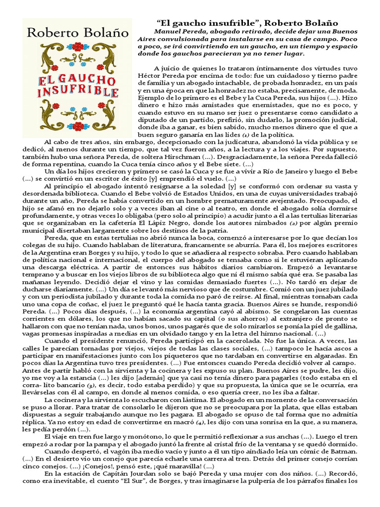 Clase 21 - El Gaucho Insufrible, Roberto Bolaño | PDF | Caballos