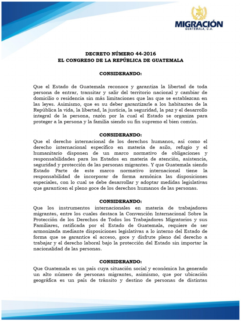 Codigo Migracion Dto 44 2016 | PDF | Guatemala | Migración humana Codigo Migracion Dto 44 2016 | PDF | Guatemala | Migración humana