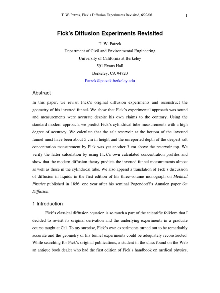 Fick's Diffusion Experiments Revisited | PDF | Diffusion | Osmosis