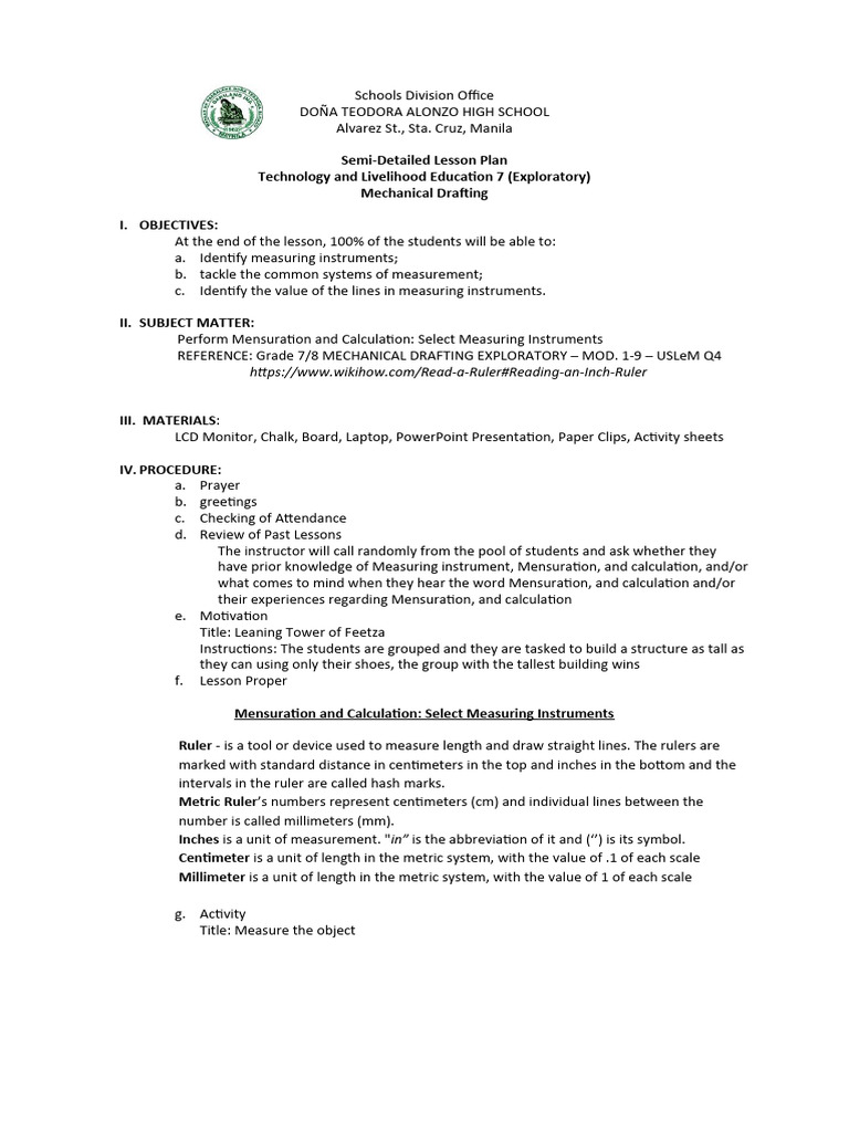 Mensuration And Calculation Lesson Plan Pdf Measurement Inch