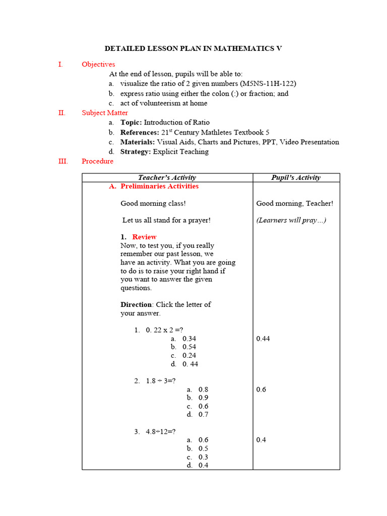 DETAILED - LESSON - PLAN - IN - MATHEMATICS - Final LP | PDF | Ratio | Lesson Plan