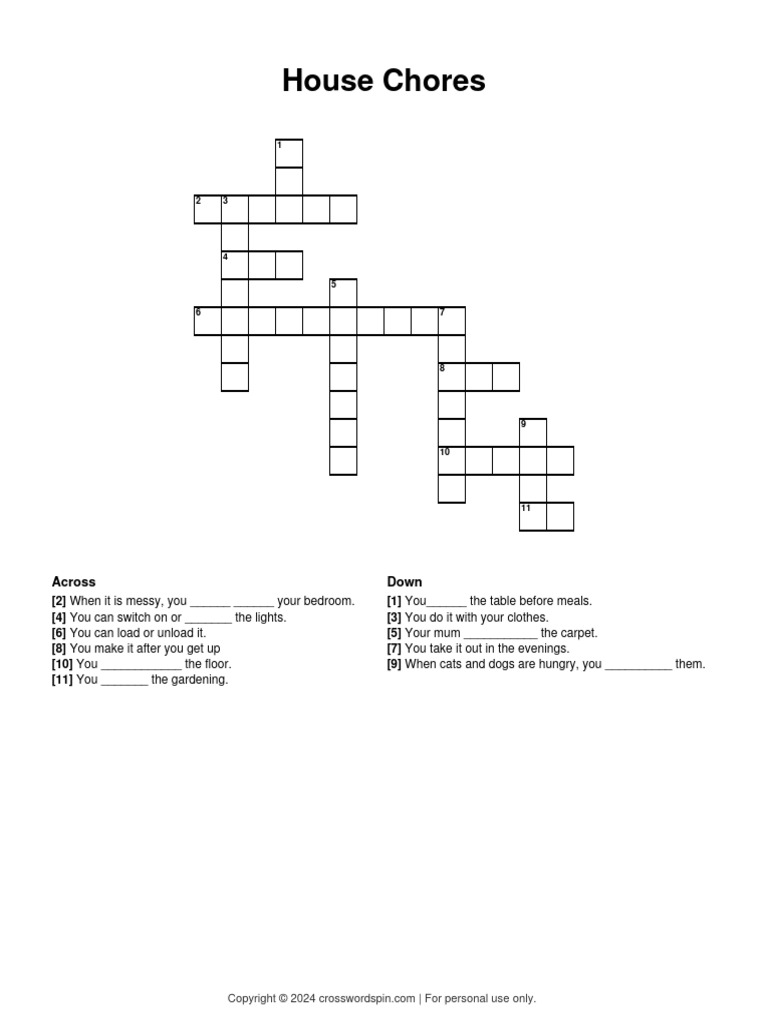 Household Chores Crossword | PDF