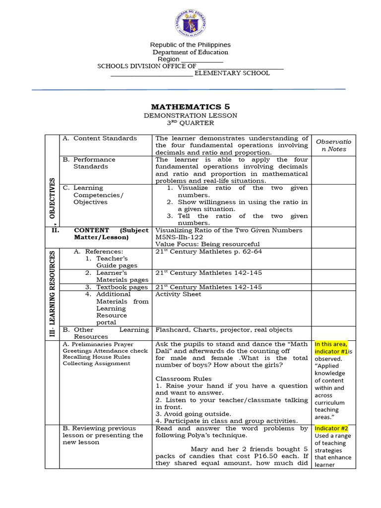 DEMO LESSON PLAN MATH 1 | PDF | Learning | Curriculum