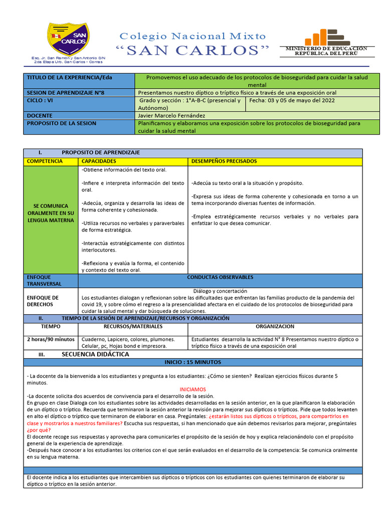 Sesion Aprendizaje (Actividad 8) 1ro | Descargar gratis PDF | Aprendizaje | Evaluación