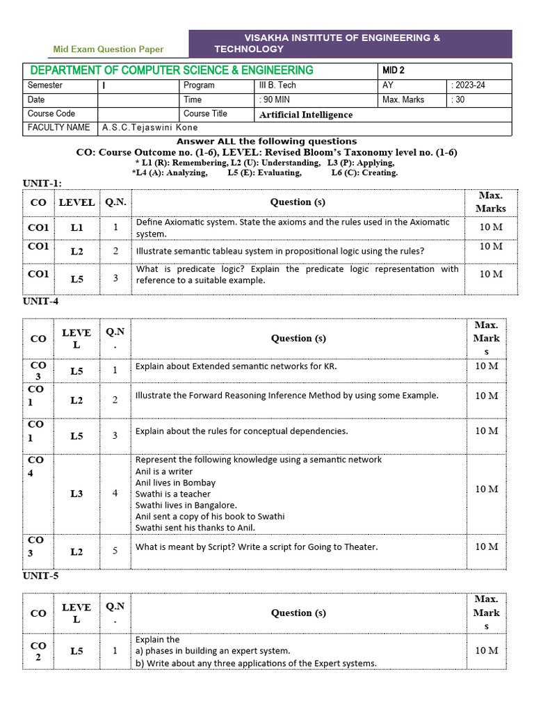 AI Mid2 Q Paper | PDF | Logic | Axiom