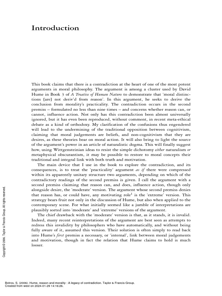 Hume, Reason and Morality A Legacy of Contradictio... - (Introduction) | PDF | David Hume | Reason