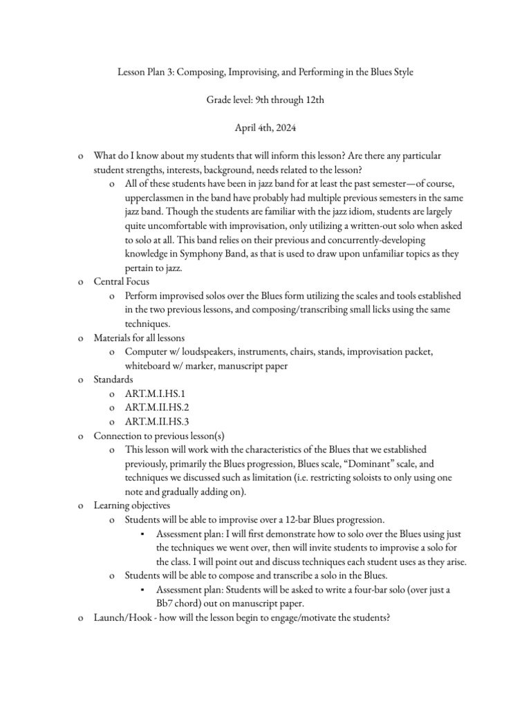 Blues Improvisation Lesson Plan for Teens | PDF | Blues | Jazz