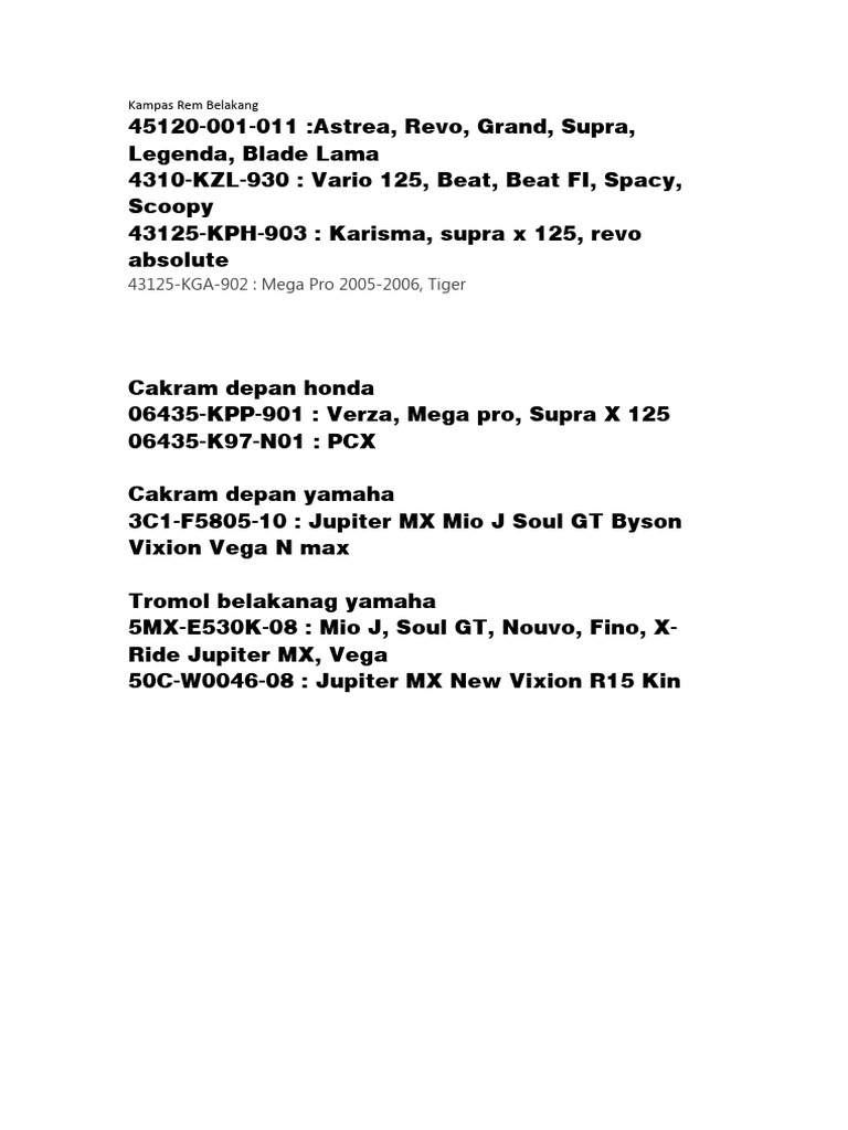 Daftar Kode Kampas Rem Belakang Motor | PDF